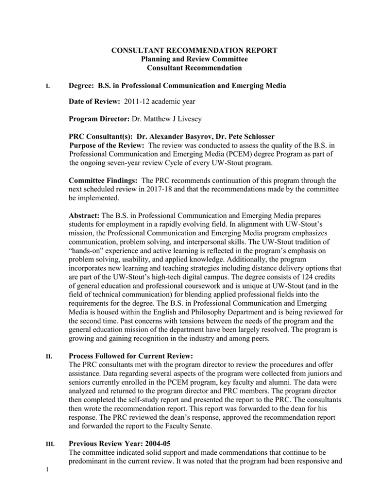 CONSULTANT RECOMMENDATION REPORT Planning and Review Committee ...