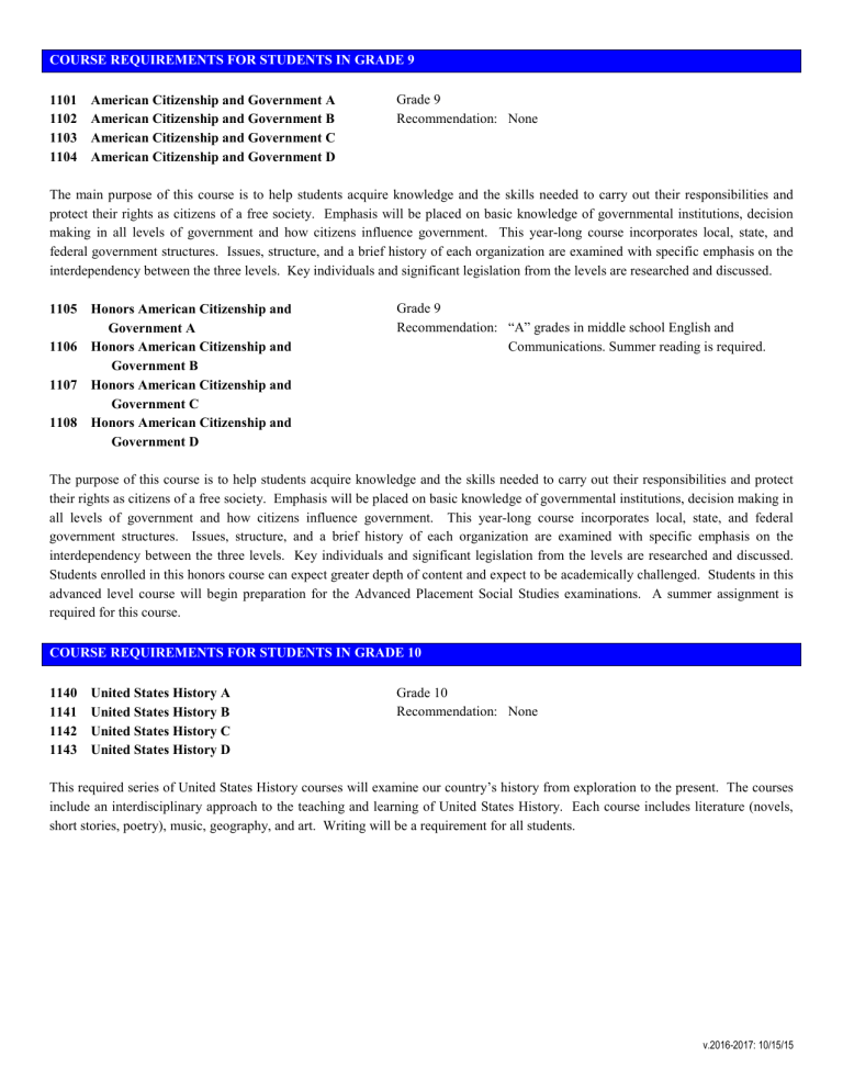 COURSE REQUIREMENTS FOR STUDENTS IN GRADE 9 COURSE REQUIREMENTS FOR STUDENTS IN GRADE 9