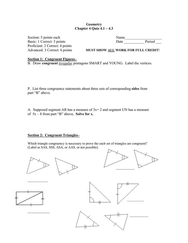 Geometry Chapter 4 Quiz 4 1 4 3 Section 5 Points Each Geometry Chapter 4 Quiz 4 1 4 3 Section 5 Points Each