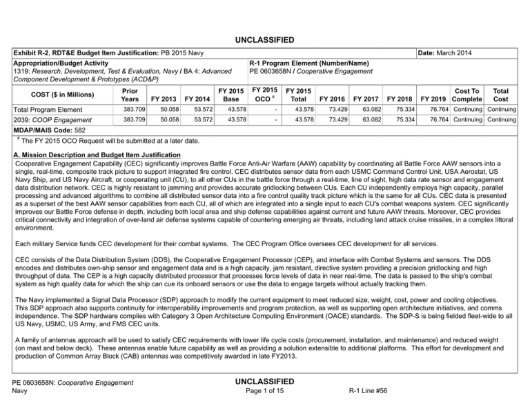 CEC Budget Justification: Cooperative Engagement Capability
