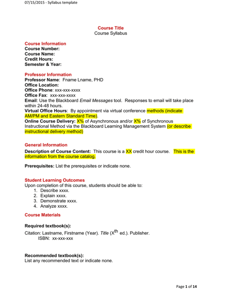 Course Title Course Information Professor Information