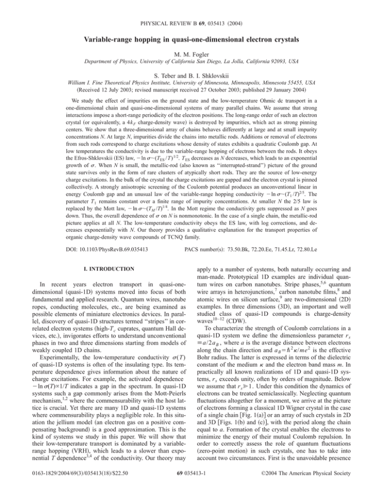 Variable range Hopping In Quasi one dimensional Electron Crystals M M 