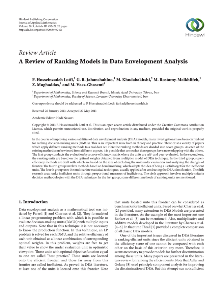 Review Article A Review Of Ranking Models In Data Envelopment Analysis