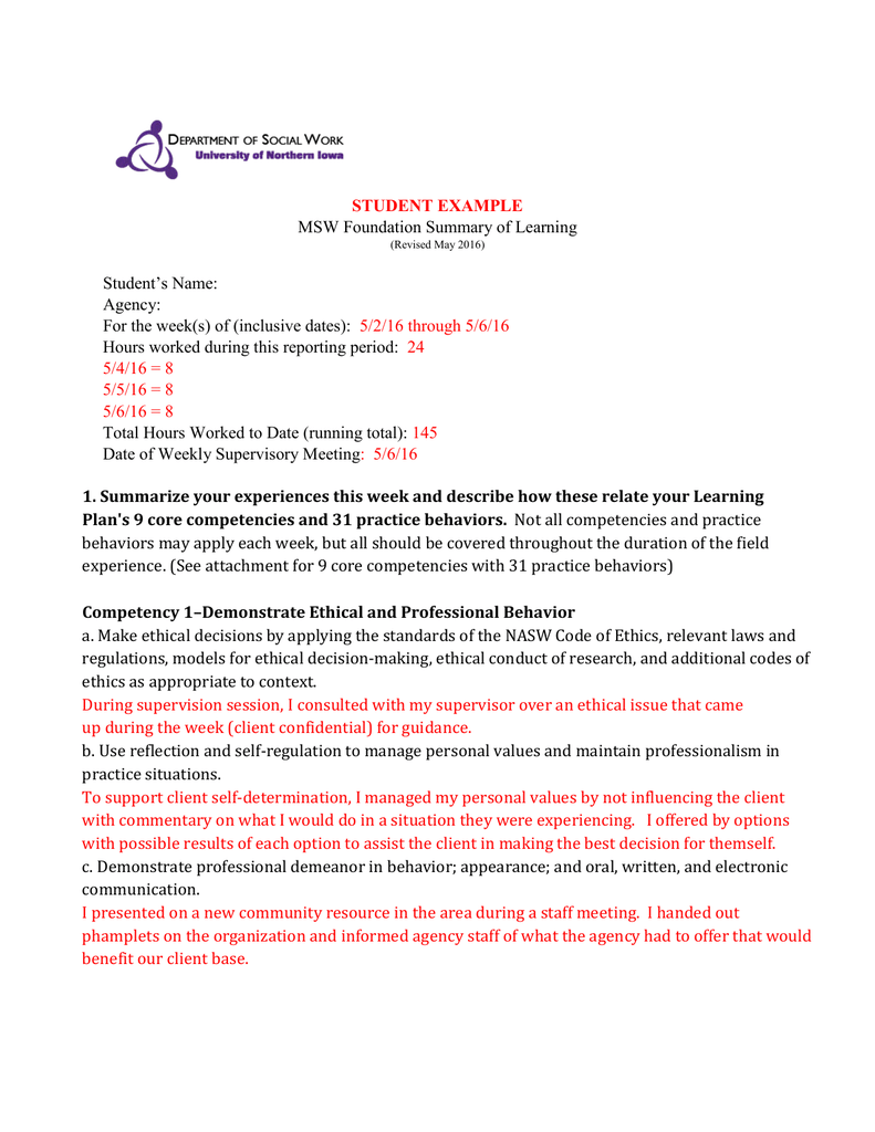 MSW Foundation Summary Of Learning Student s Name Agency 