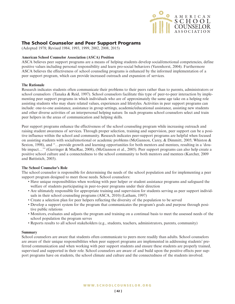 The School Counselor and Peer Support Programs