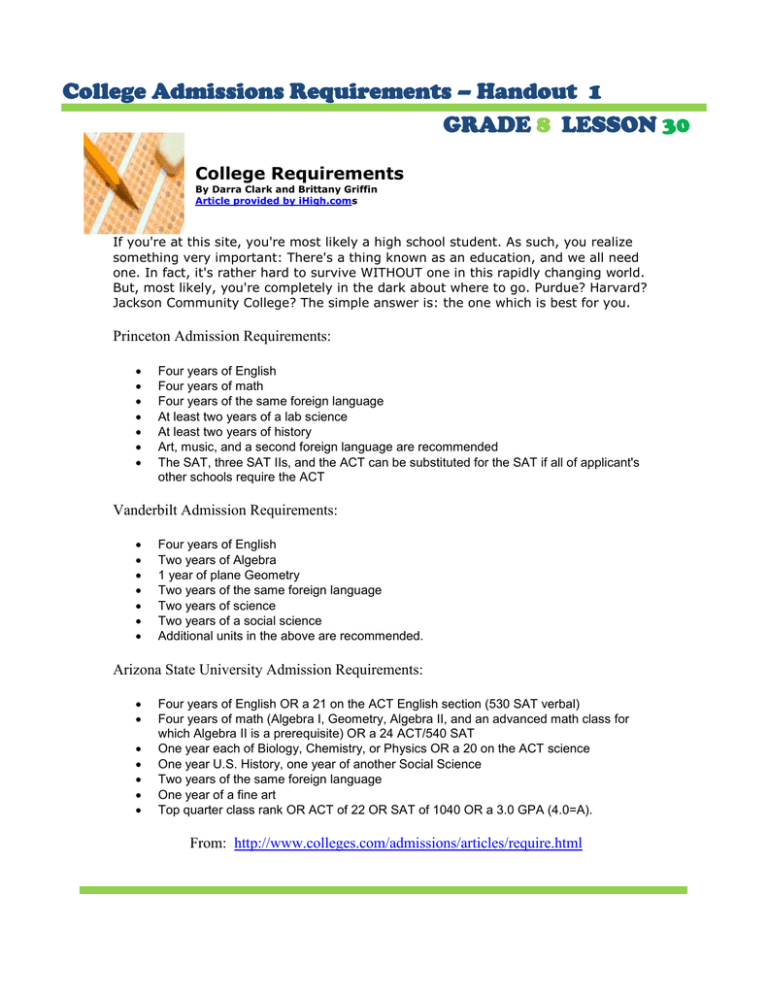 College Admissions Requirements Handout 1 GRADE LESSON
