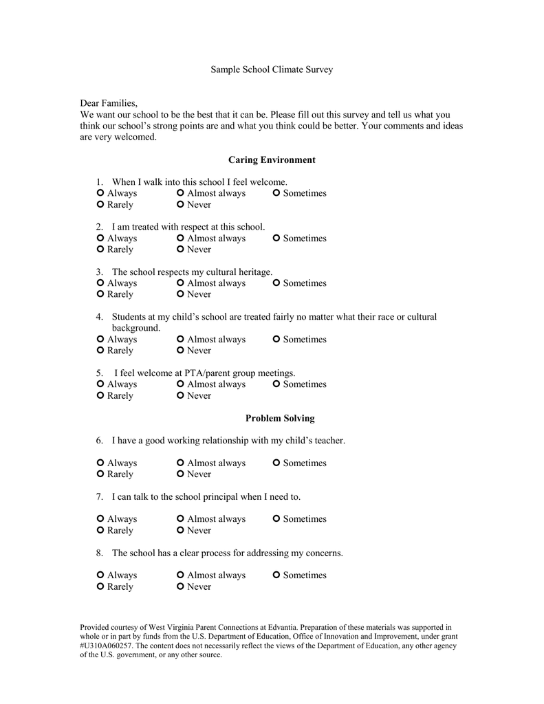 Sample School Climate Survey Dear Families 