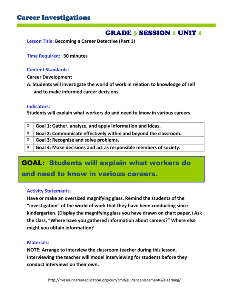 Career Investigations GRADE SESSION UNIT