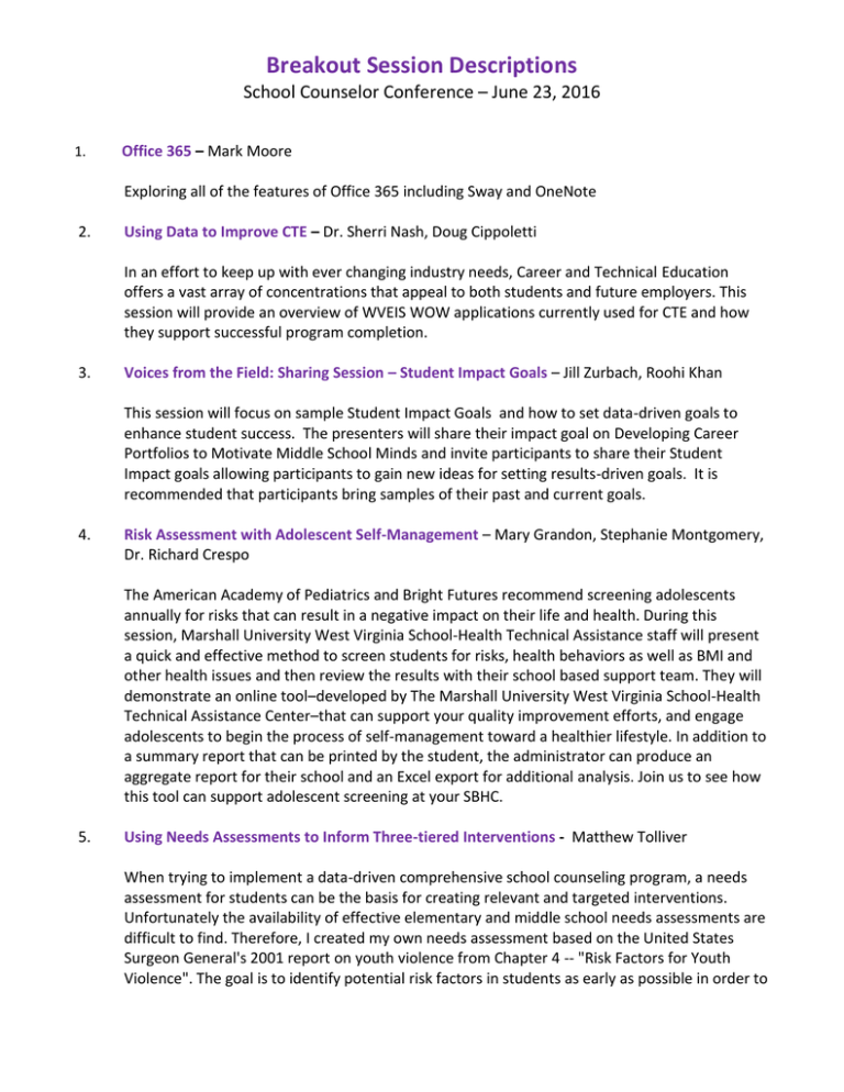 Breakout Session Descriptions School Counselor Conference – June 23, 2016