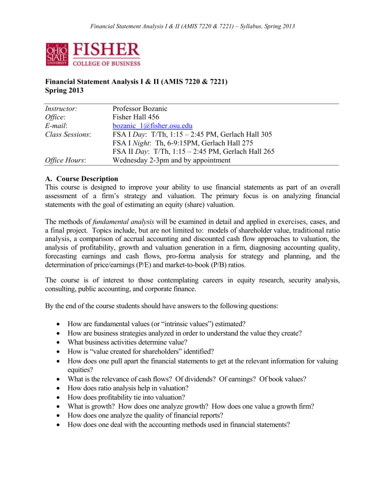 Financial Statement Analysis I II AMIS 7220 7221 Syllabus Spring 2013