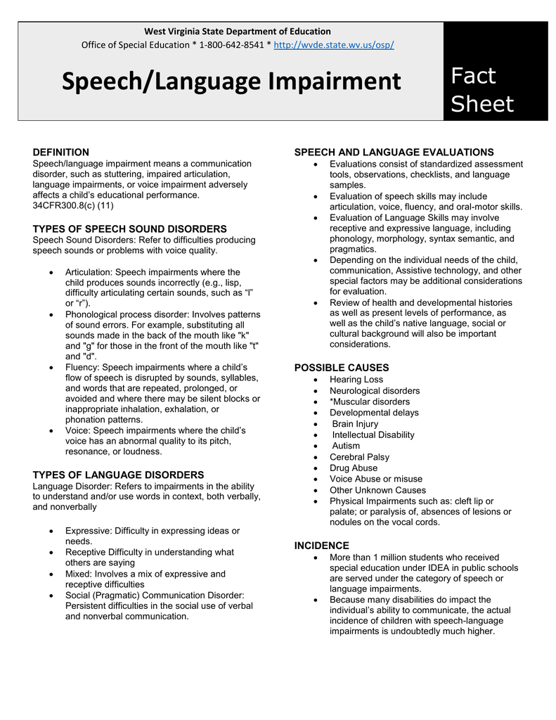 Speech Language Impairment Fact Sheet Speech Language Impairment Fact Sheet