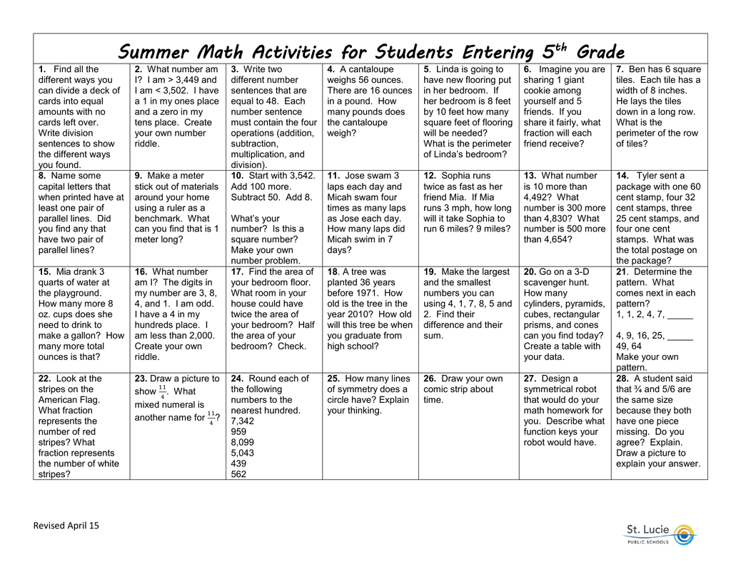 Summer Math Activities For Students Entering 5 Grade Th