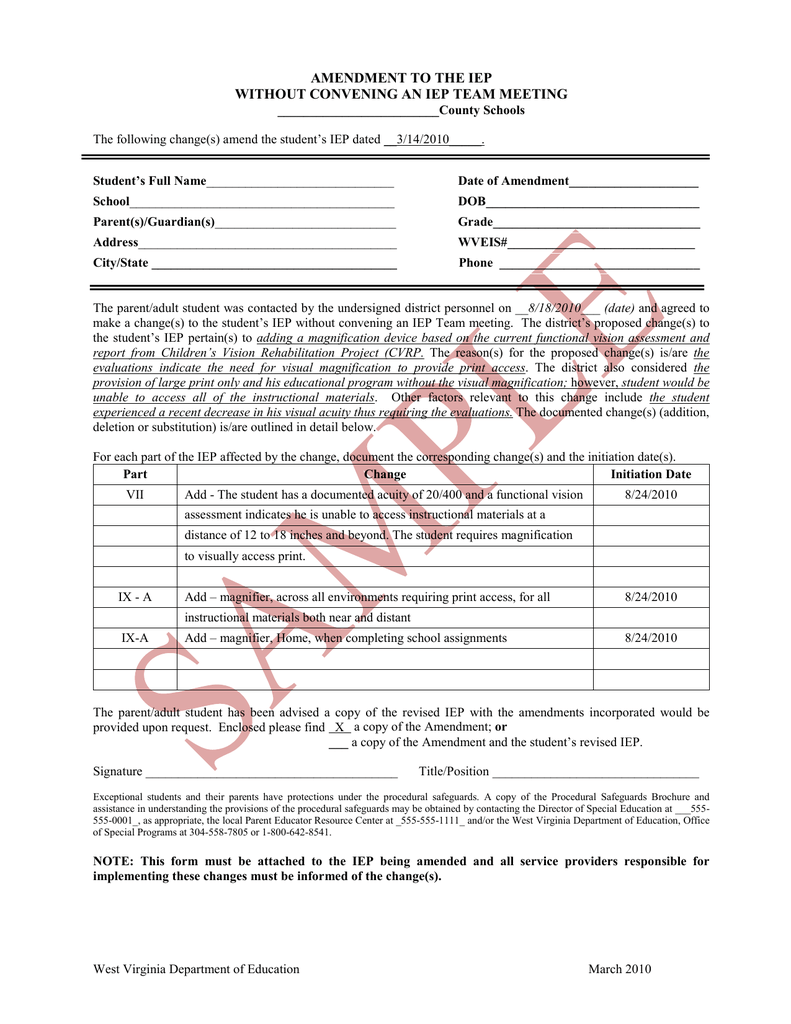AMENDMENT TO THE IEP WITHOUT CONVENING AN IEP TEAM MEETING