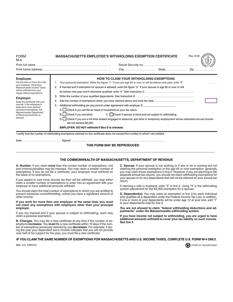 What Is Form M 4 2022 Massachusetts Employee S Withholding Exemption