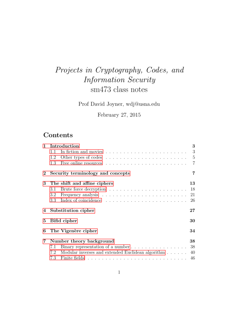 Projects In Cryptography Codes And Information Security Sm473 Class Notes Contents