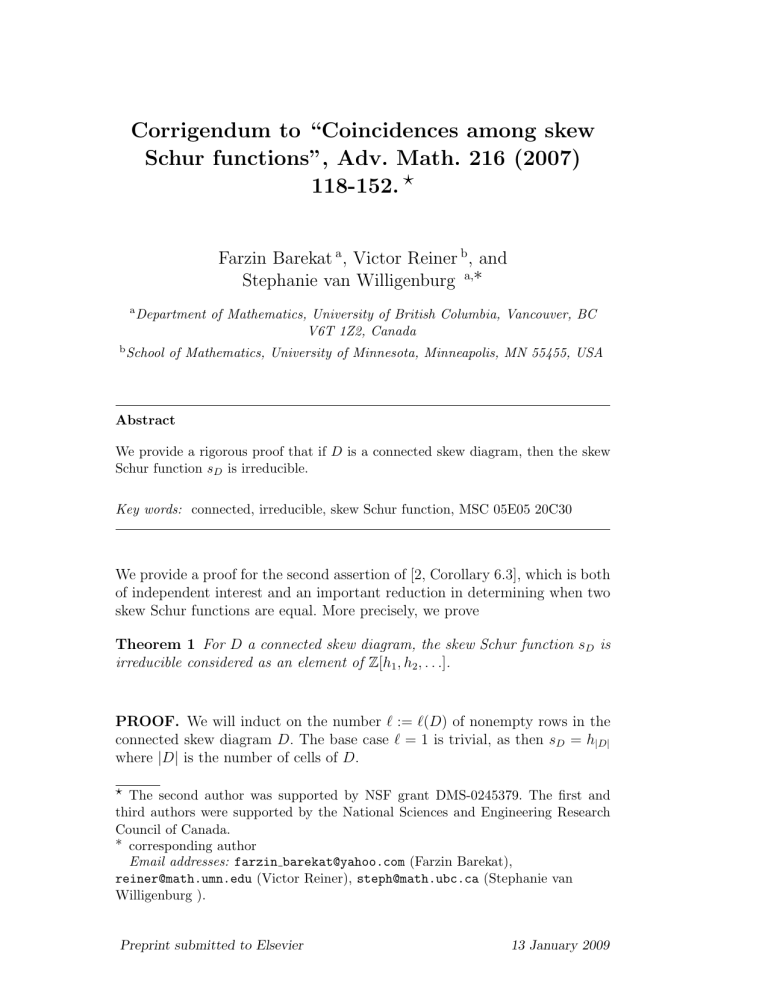 Corrigendum To Coincidences Among Skew Schur Functions Adv Math 216 2007 