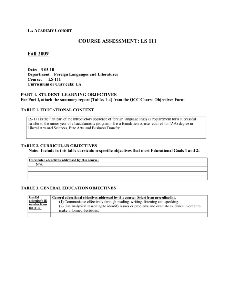 COURSE ASSESSMENT LS 111 Fall 2009 L