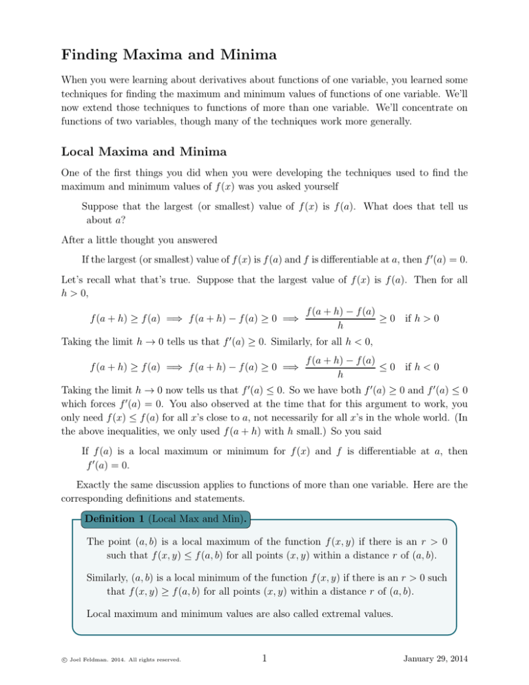 Finding Maxima And Minima