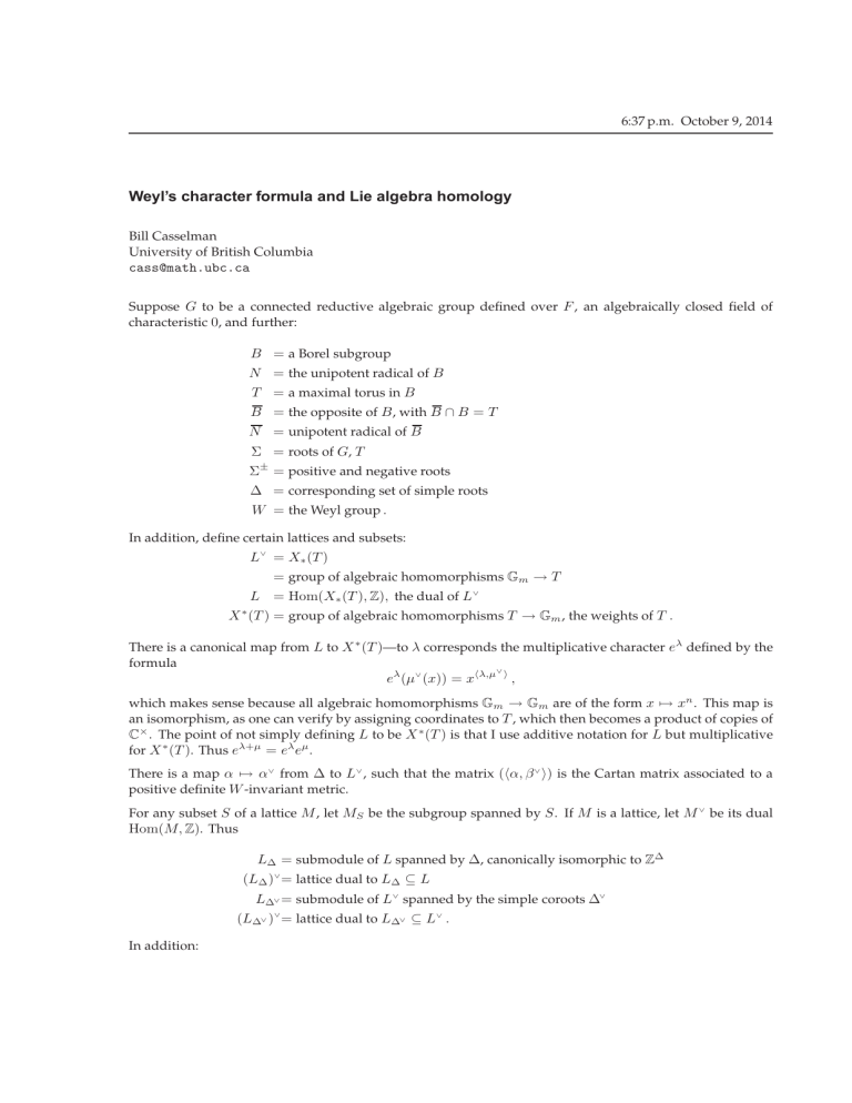 Weyl s Character Formula And Lie Algebra Homology