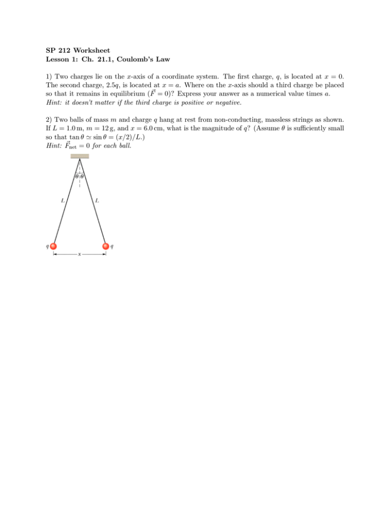 SP 212 Worksheet Lesson 1 Ch 21 1 Coulomb s Law SP 212 Worksheet Lesson 1 Ch 21 1 Coulomb s Law