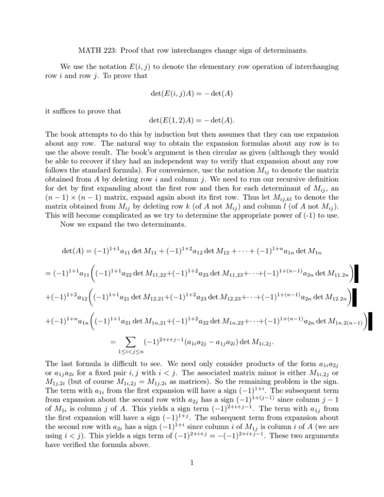 MATH 223 Proof That Row Interchanges Change Sign Of Determinants E I