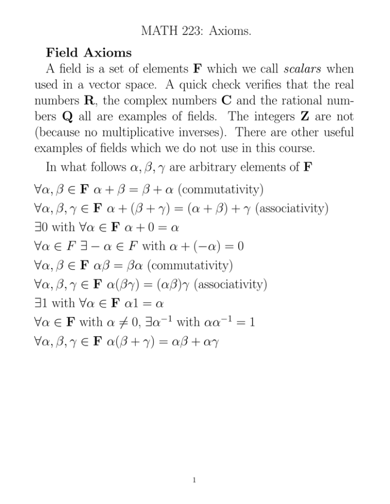 MATH 223 Axioms Field Axioms MATH 223 Axioms Field Axioms