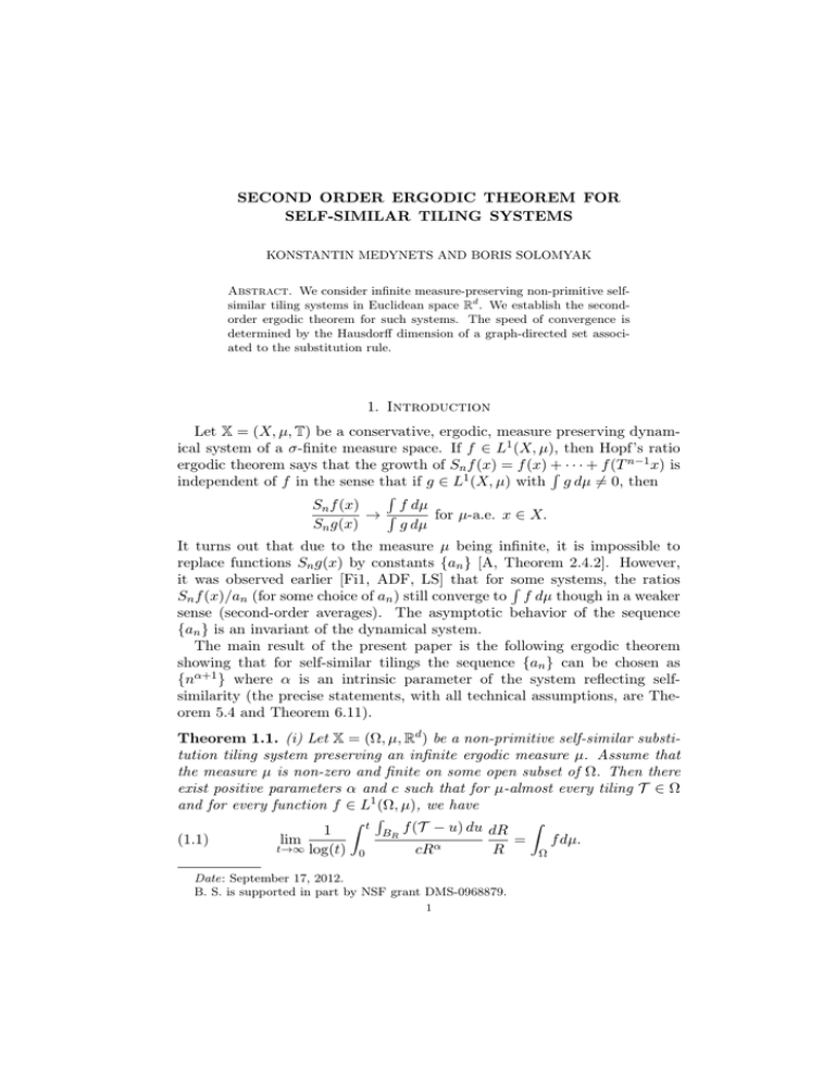 SECOND ORDER ERGODIC THEOREM FOR SELF-SIMILAR TILING SYSTEMS