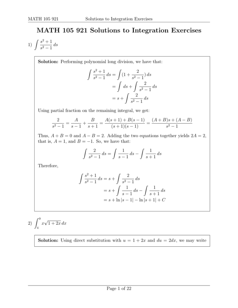 MATH 105 921 Solutions To Integration Exercises