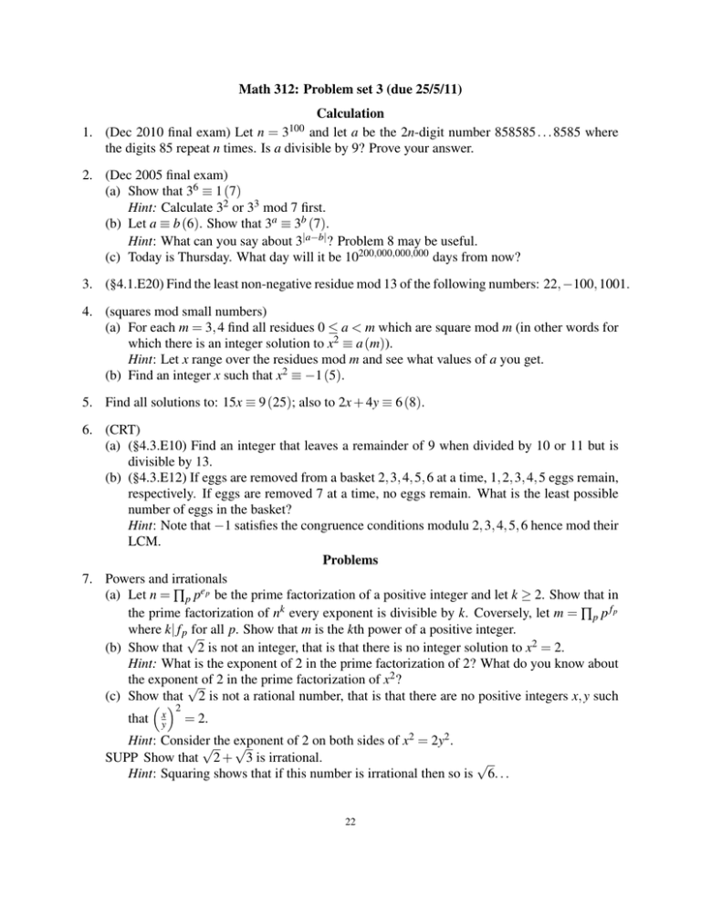 Math 312 Problem Set 3 due 25 5 11 Calculation 1 Math 312 Problem Set 3 due 25 5 11 Calculation 1