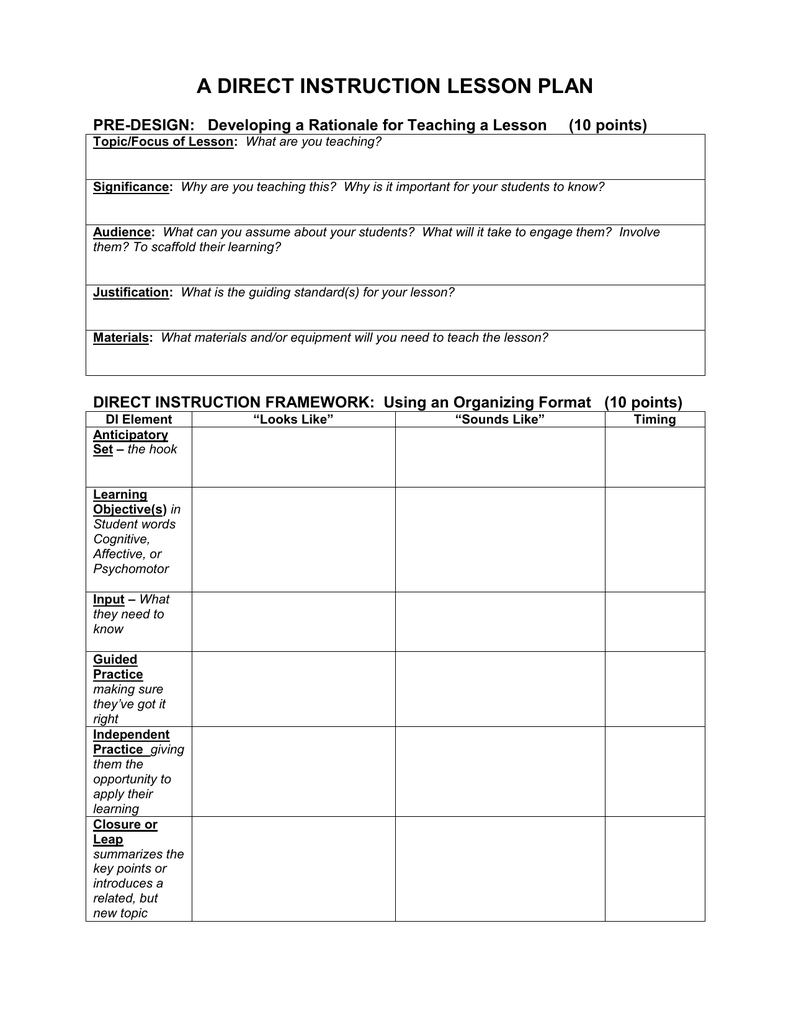 A DIRECT INSTRUCTION LESSON PLAN A DIRECT INSTRUCTION LESSON PLAN
