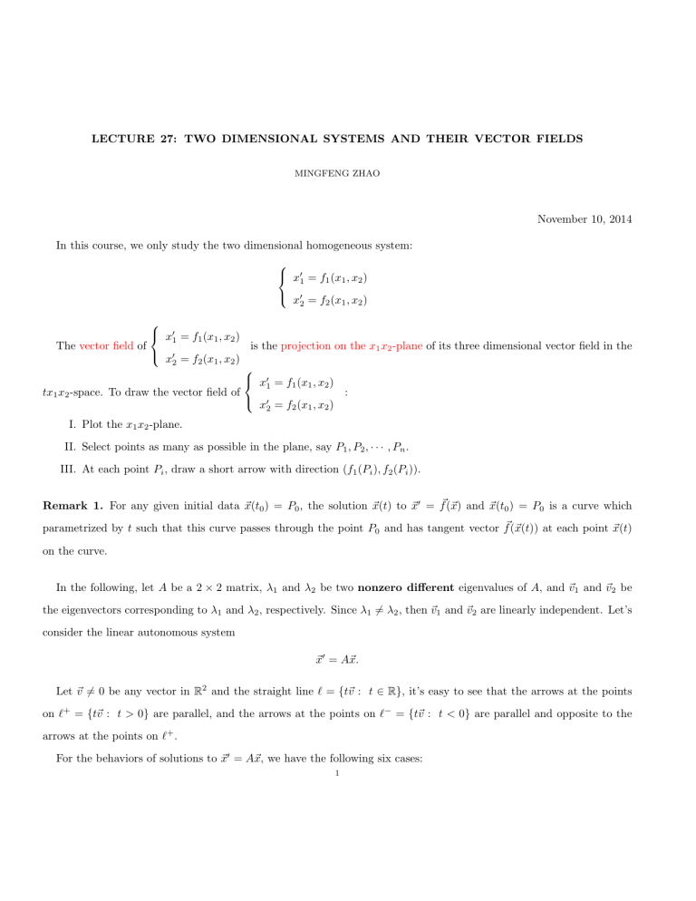 LECTURE 27: TWO DIMENSIONAL SYSTEMS AND THEIR VECTOR FIELDS