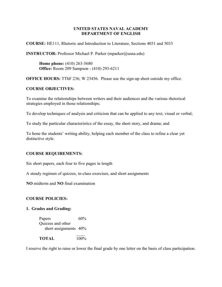 UNITED STATES NAVAL ACADEMY DEPARTMENT OF ENGLISH COURSE: