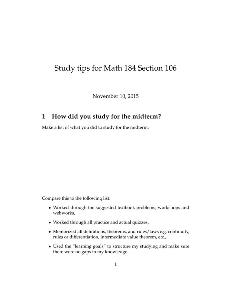 Study Tips For Math 184 Section 106 1 November 10 2015 Study Tips For Math 184 Section 106 1 November 10 2015