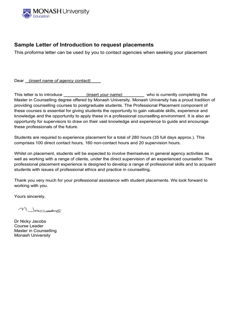 Sample Letter Of Introduction To Re Placements