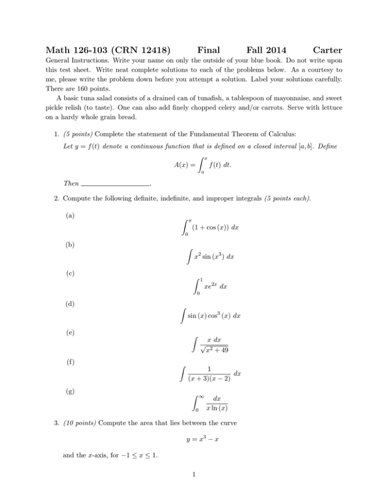 Math 126 103 CRN 12418 Final Fall 2014 Carter