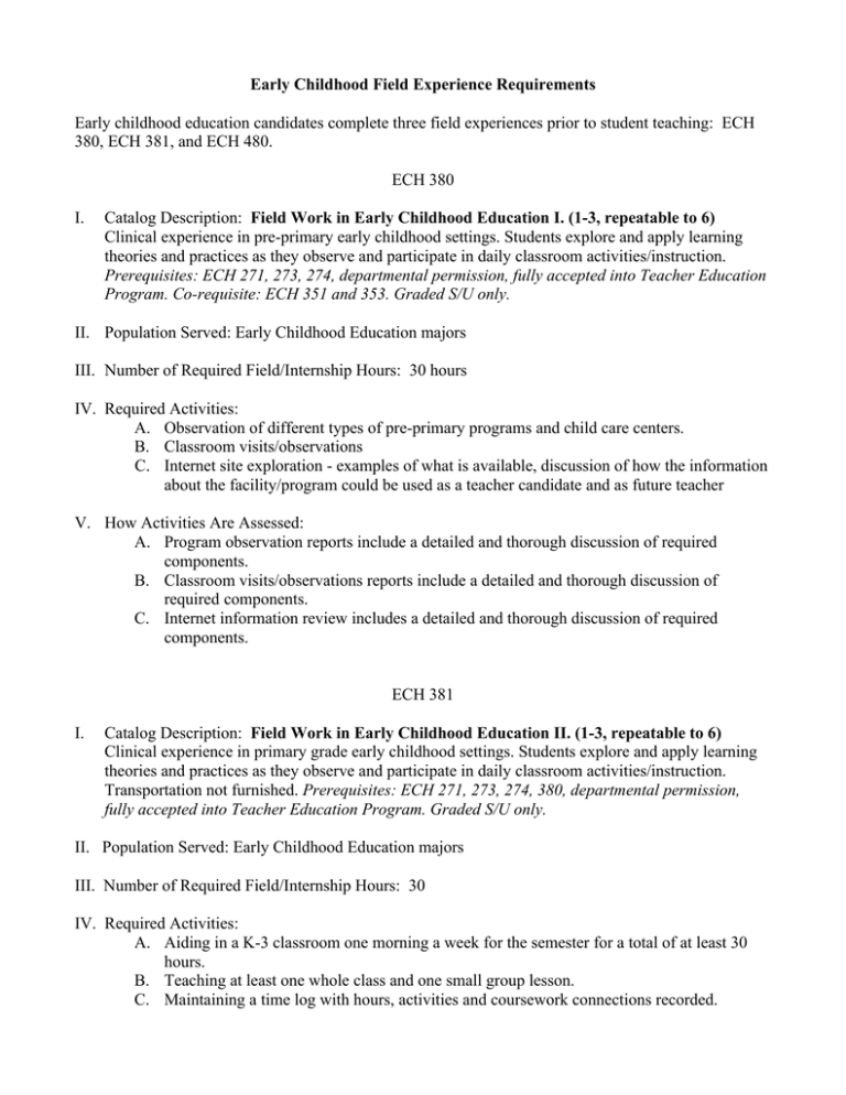 Early Childhood Field Experience Requirements Early Childhood Field Experience Requirements