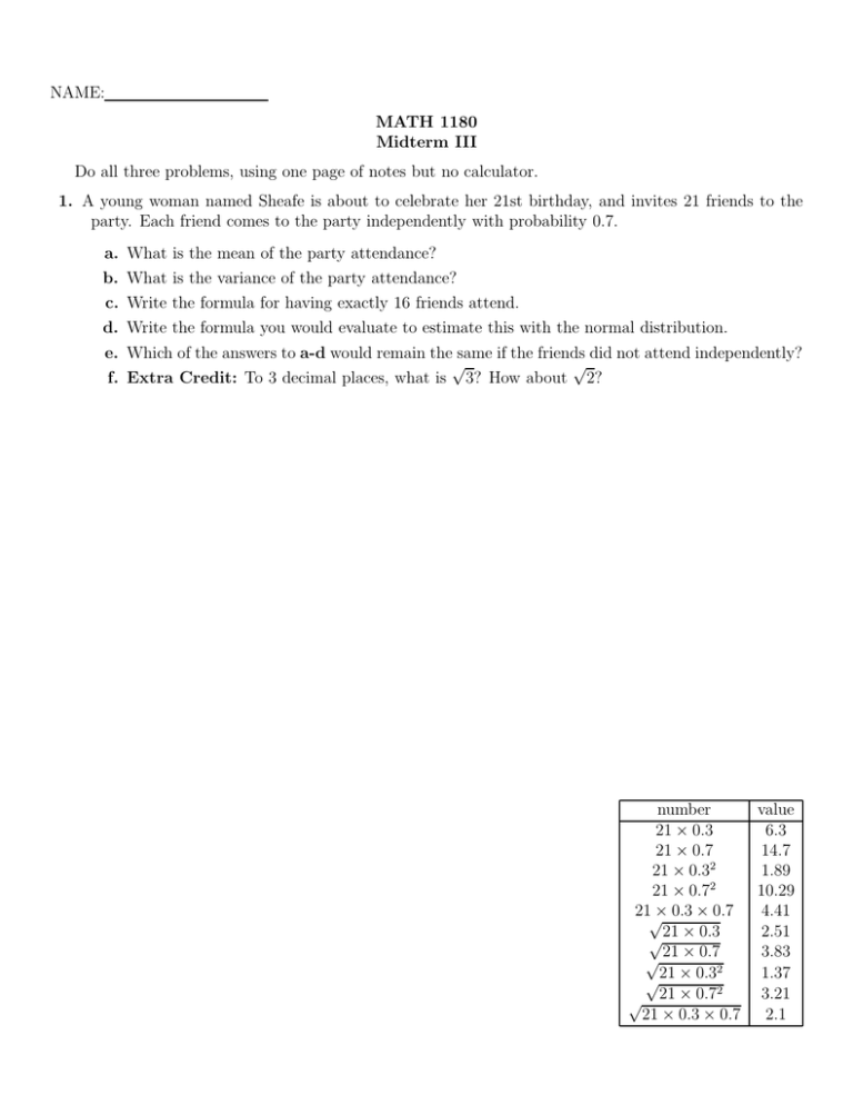 NAME MATH 1180 Midterm III NAME MATH 1180 Midterm III