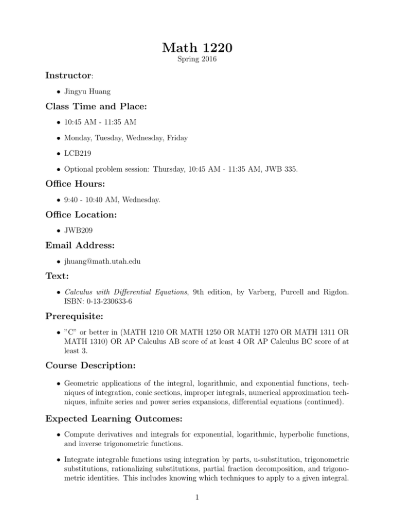 Math 1220 Instructor Class Time And Place Math 1220 Instructor Class Time And Place