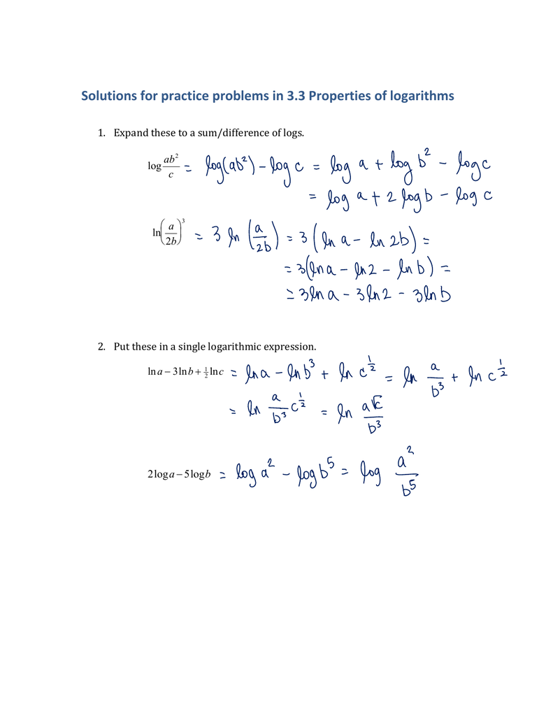 Solutions For Practice Problems In 3 3 Properties Of Logarithms