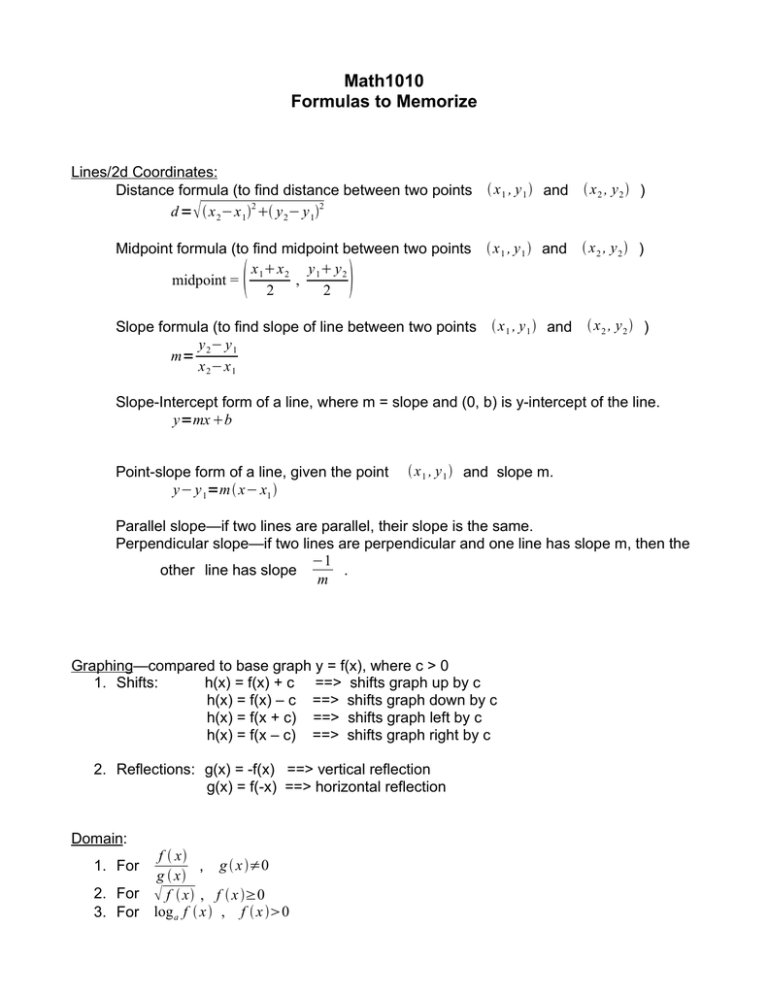 Math1010 Formulas To Memorize