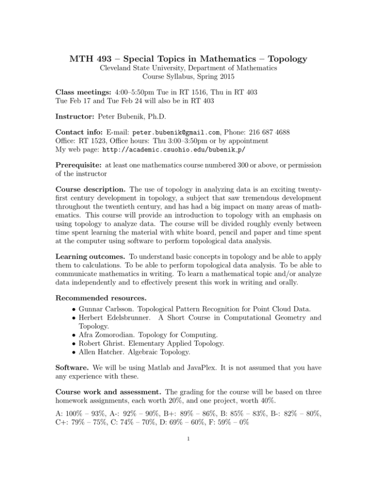 MTH 493 Special Topics In Mathematics Topology