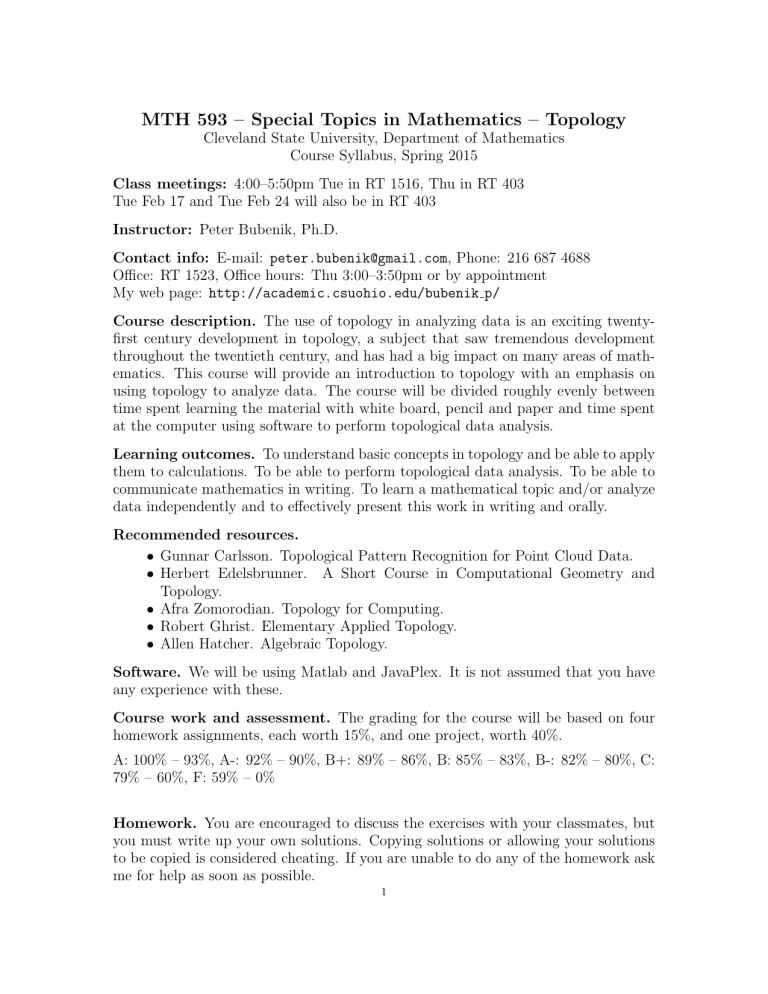 MTH 593 Special Topics In Mathematics Topology
