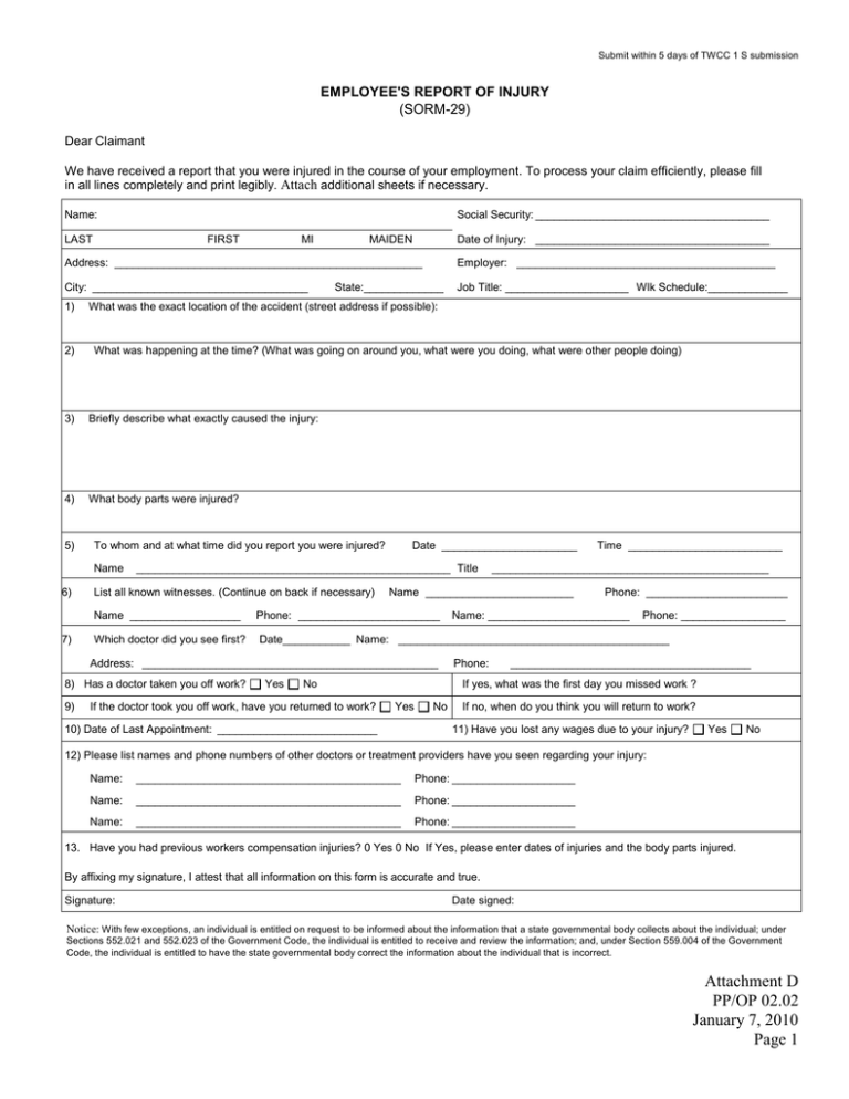 EMPLOYEE S REPORT OF INJURY SORM 29 