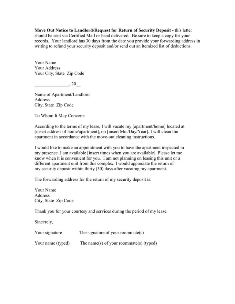 Move Out Notice To Landlord Re For Return Of Security Deposit