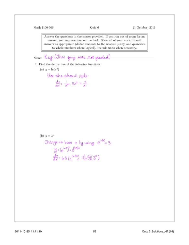 Math 1100 006 Quiz 6 21 October 2011