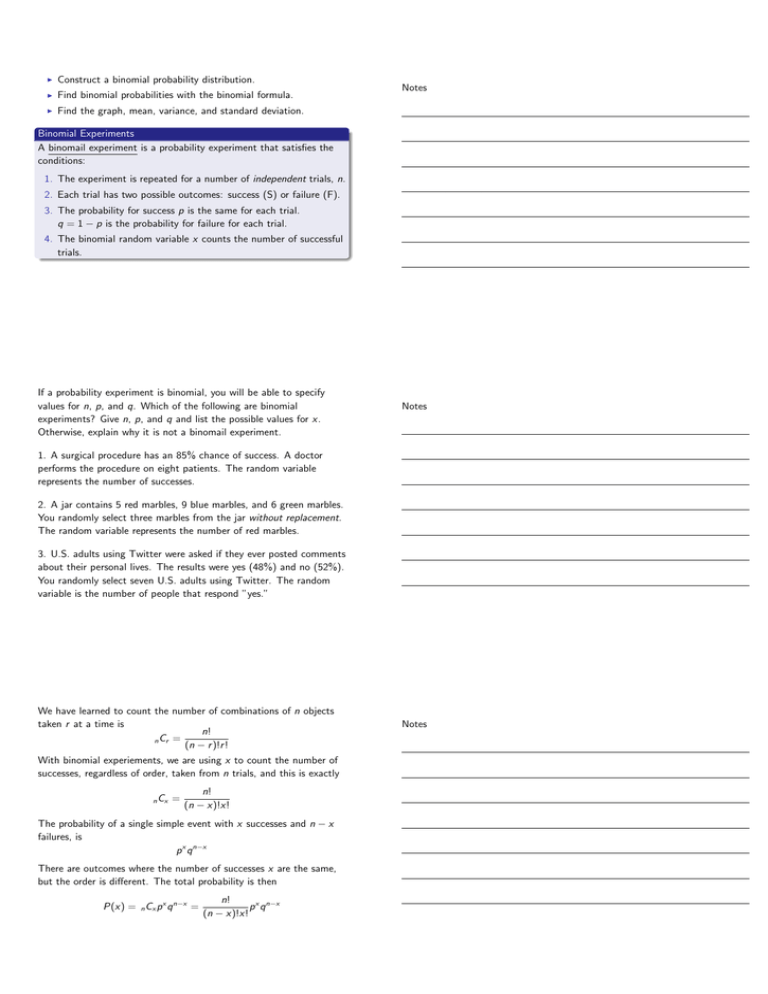 Construct A Binomial Probability Distribution Notes