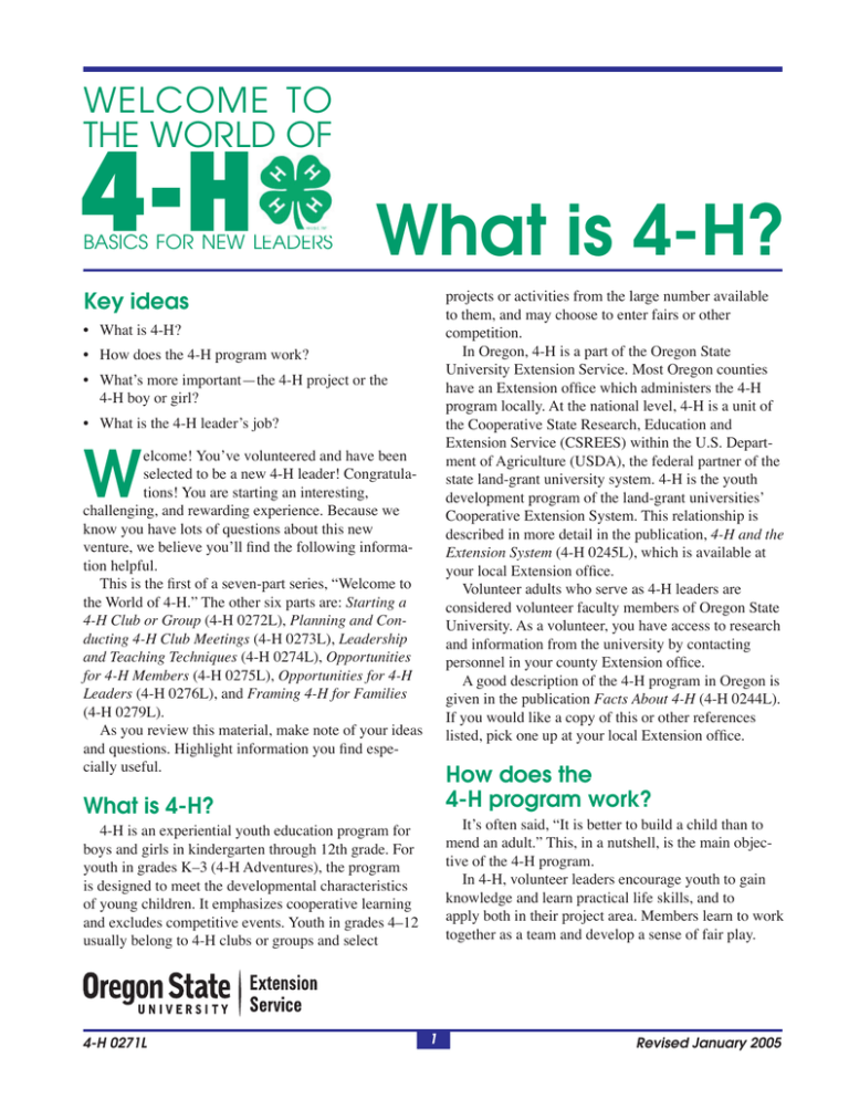 4 H What Is 4 H WELCOME TO THE WORLD OF