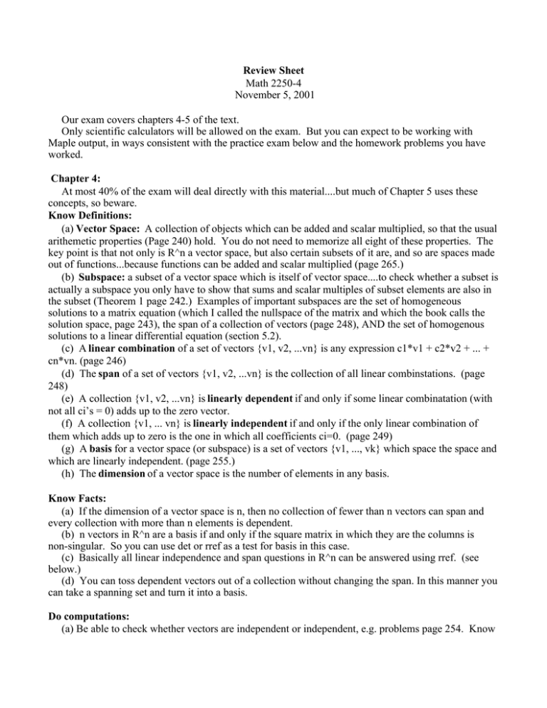 Review Sheet Math 2250 4 November 5 2001