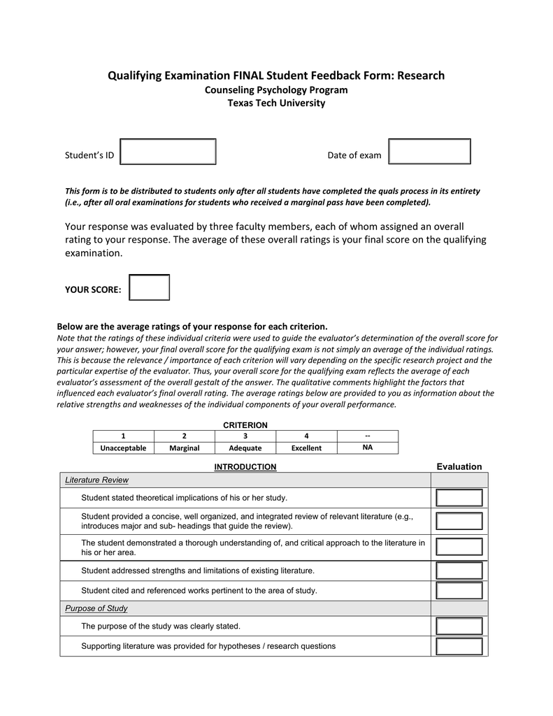 Qualifying Examination FINAL Student Feedback Form Research Counseling