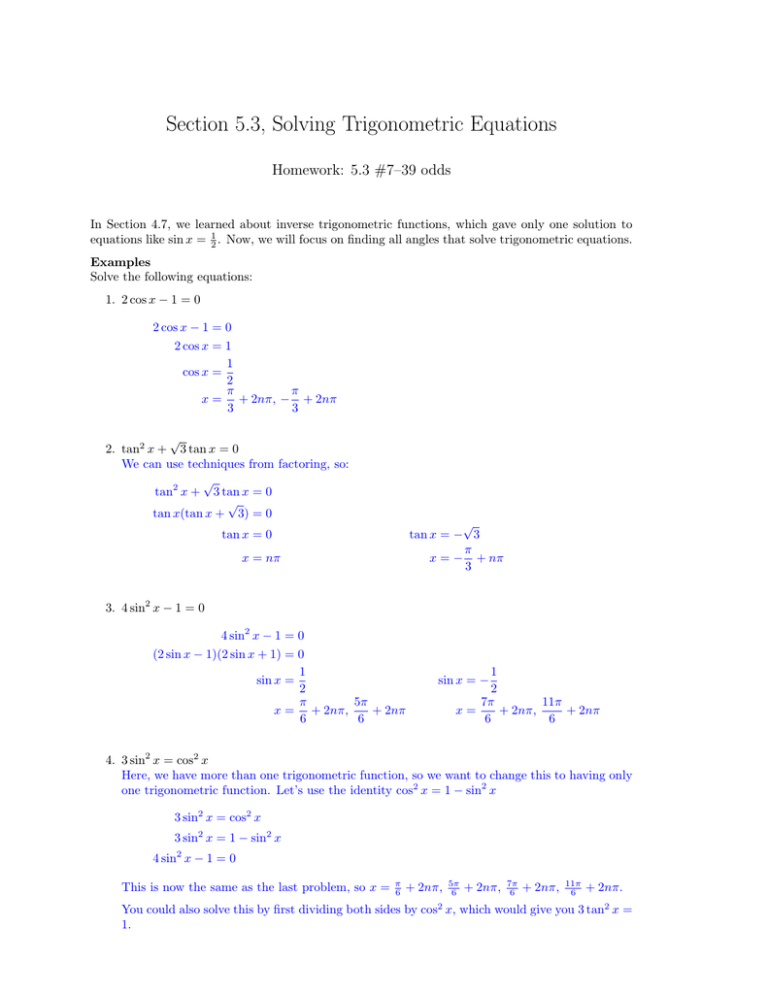 5 3 Practice Solving Trigonometric Equations Worksheet Tessshebaylo